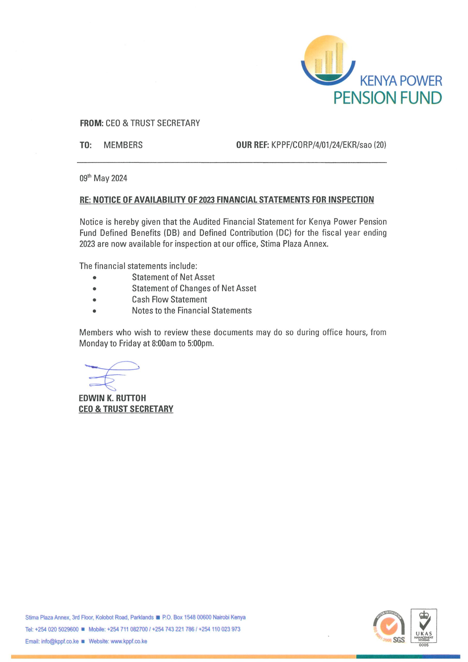 DB & DC Financial Statements, 2023 - Kenya Power Pension Fund